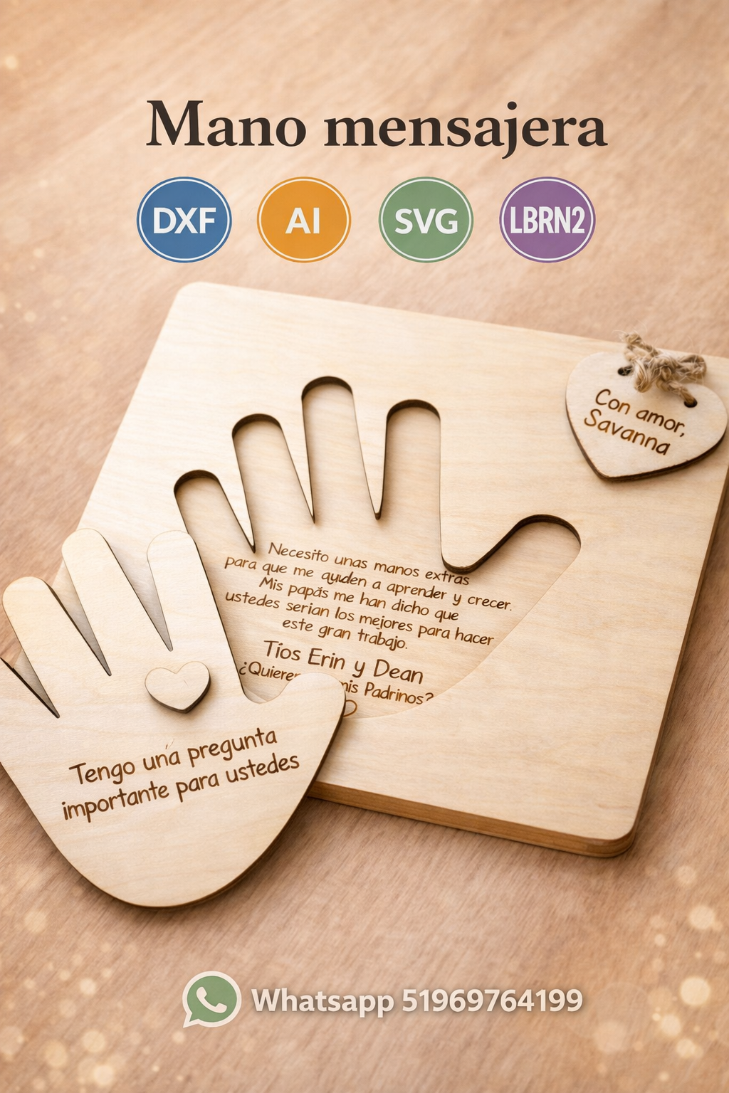 Mano mensajera en madera – Diseño emocional y personalizable para corte ...